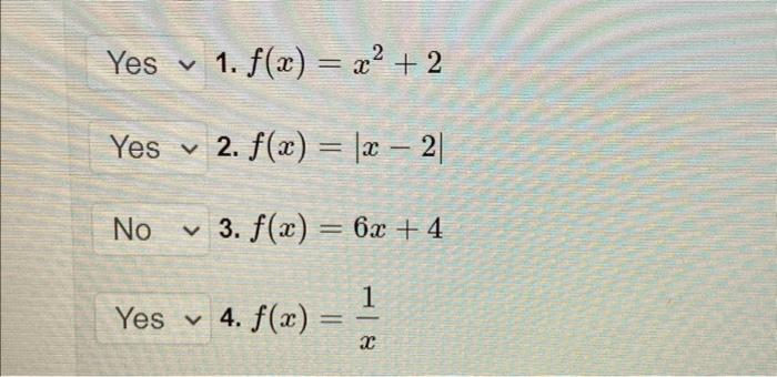 Solved f(x)=x2+2 f(x)=∣x−2∣ f(x)=6x+4 f(x)=x1( 1 point) Find | Chegg.com