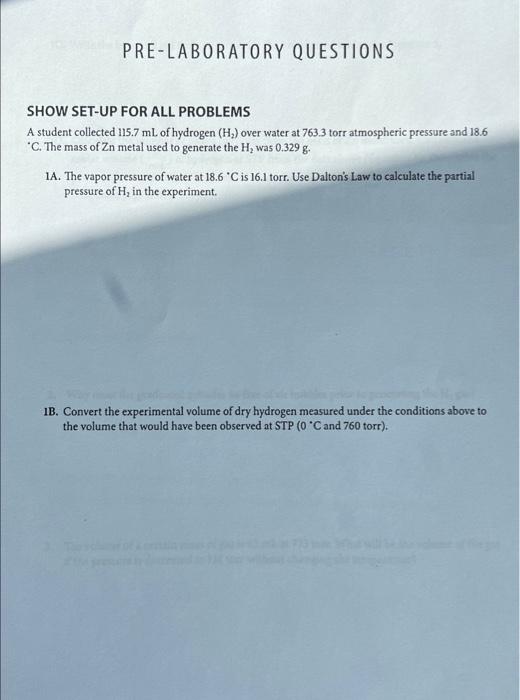 Solved PRE-LABORATORY QUESTIONS SHOW SET-UP FOR ALL PROBLEMS | Chegg.com