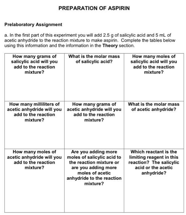 Solved PREPARATION OF ASPIRIN Prelaboratory Assignment a. In | Chegg.com