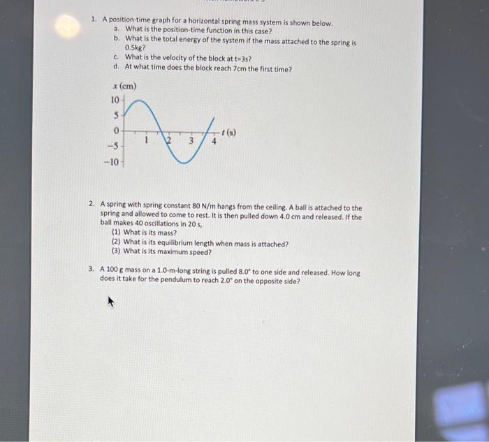 Solved 1. A position-time graph for a horizontal spring mass | Chegg.com