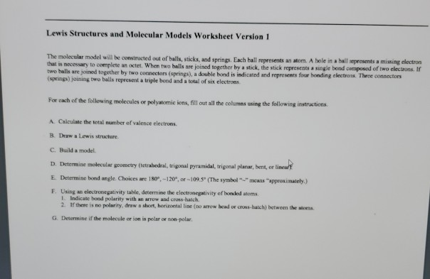 Solved Lewis Structures and Molecular Models Worksheet | Chegg.com