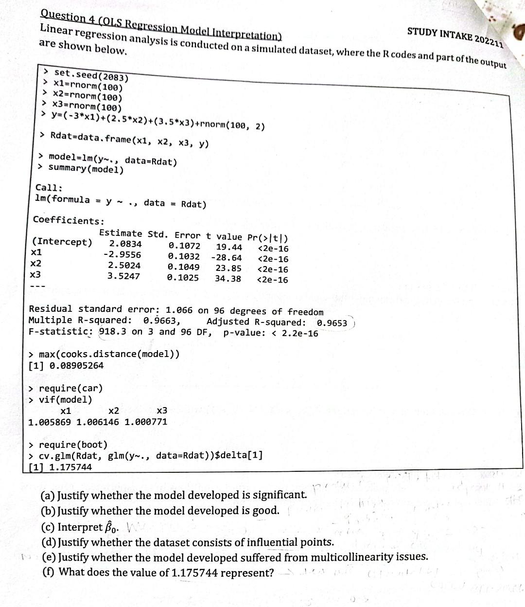 Solved Question 4 (OLS Regression Model Interpretation) | Chegg.com
