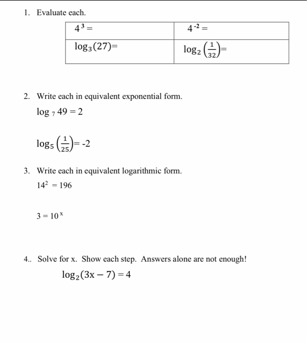Solved 1. Evaluate each. 43 = 4-2 = log3 (27)= log2 (22)= 2. | Chegg.com