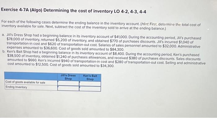 Solved Exercise 4-7A (Algo) Determining the cost of | Chegg.com