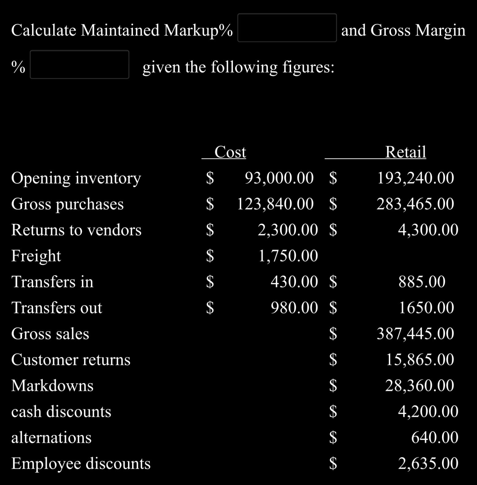 Solved Calculate Maintained Markup% ﻿and Gross Margin | Chegg.com