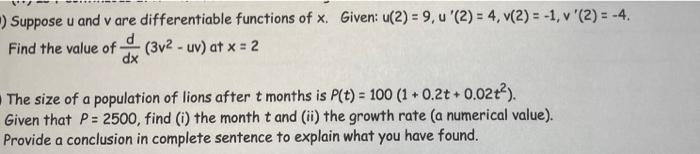 Solved +) Suppose u and v are differentiable functions of x. | Chegg.com