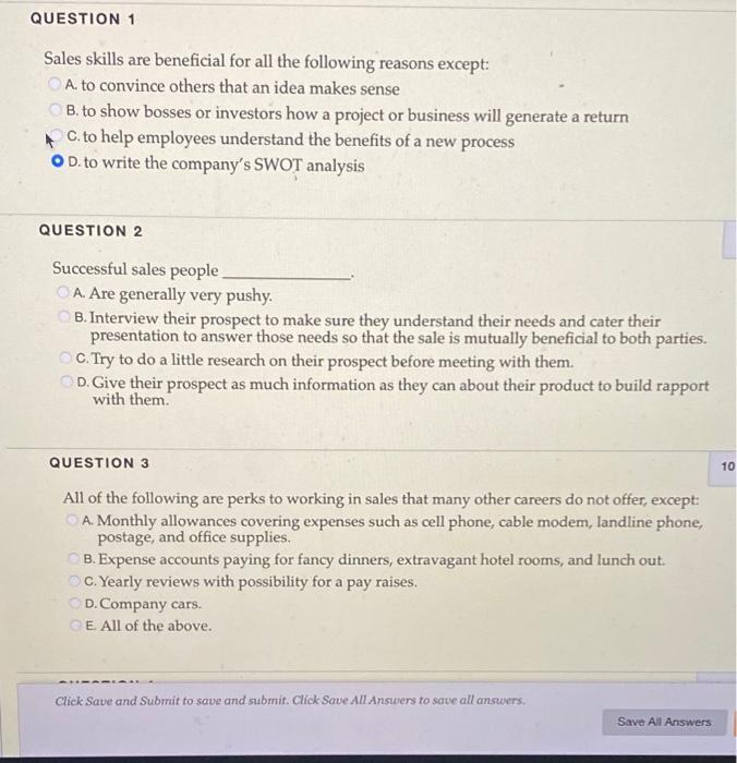 Solved QUESTION 1 Sales skills are beneficial for all the | Chegg.com