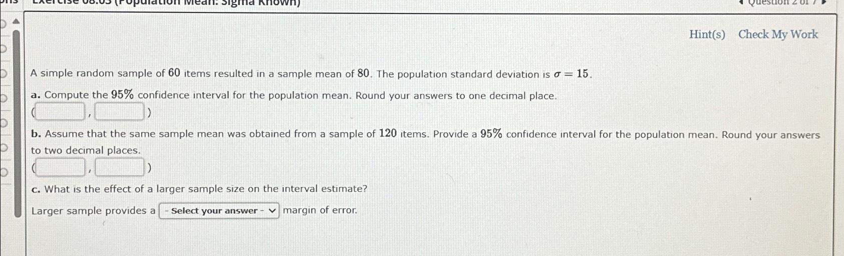 Solved Hint(s) ﻿Check My WorkA simple random sample of 60 | Chegg.com