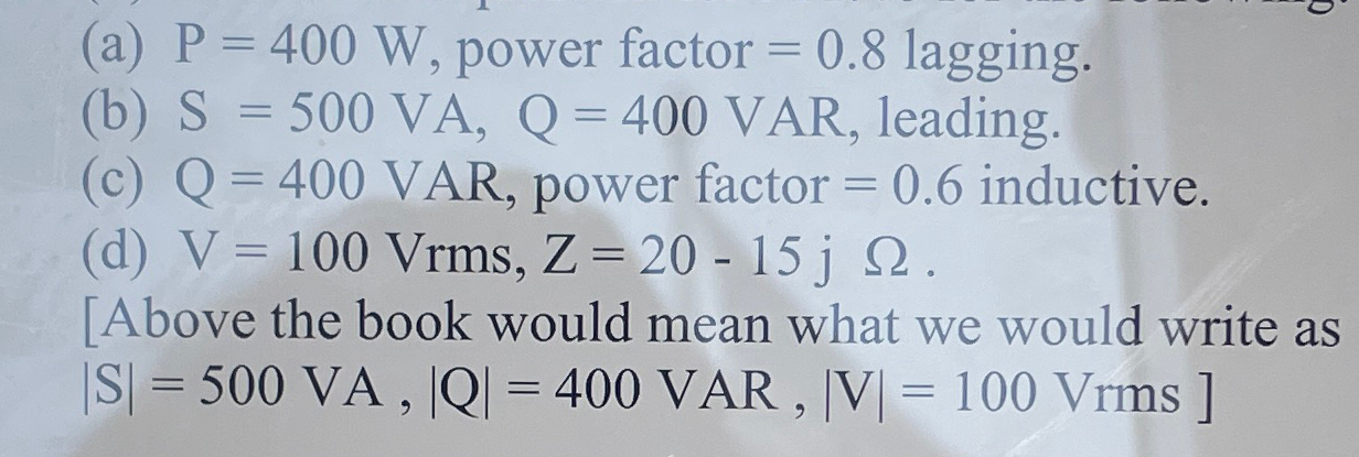 Solved Determine the complex power for the following cases: | Chegg.com