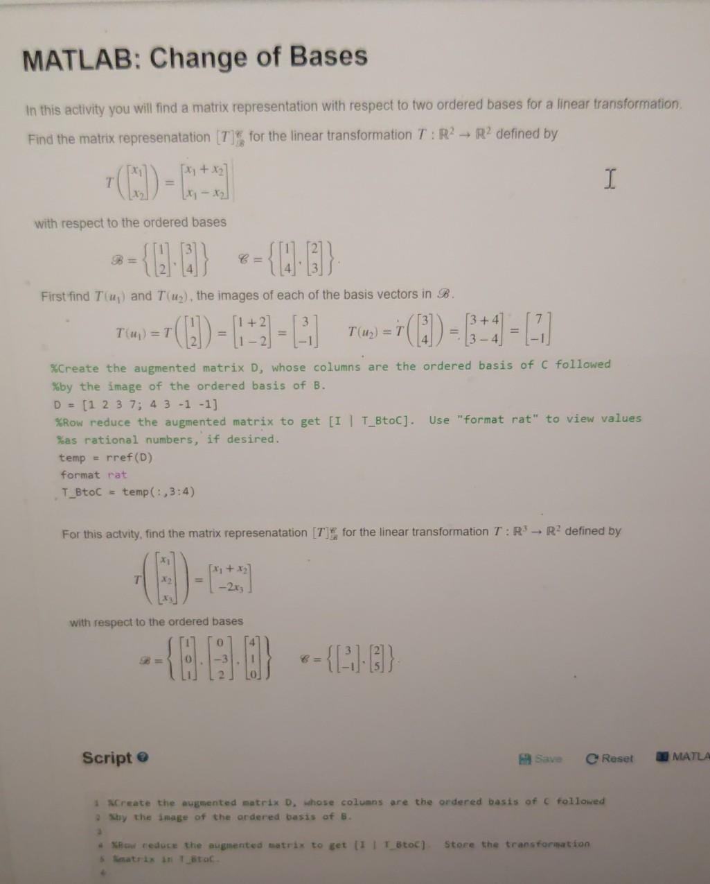 Solved MATLAB: Change of Bases In this activity you will | Chegg.com