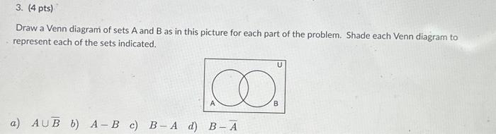 Solved 3. (4 pts) Draw a Venn diagram of sets A and B as in | Chegg.com