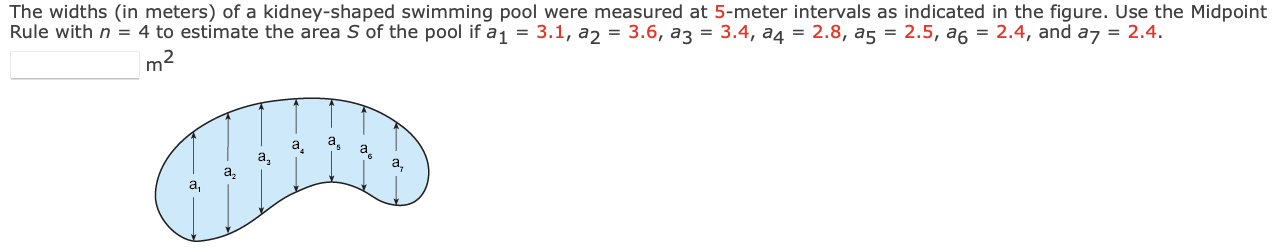 Solved The widths (in meters) ﻿of a kidney-shaped swimming | Chegg.com