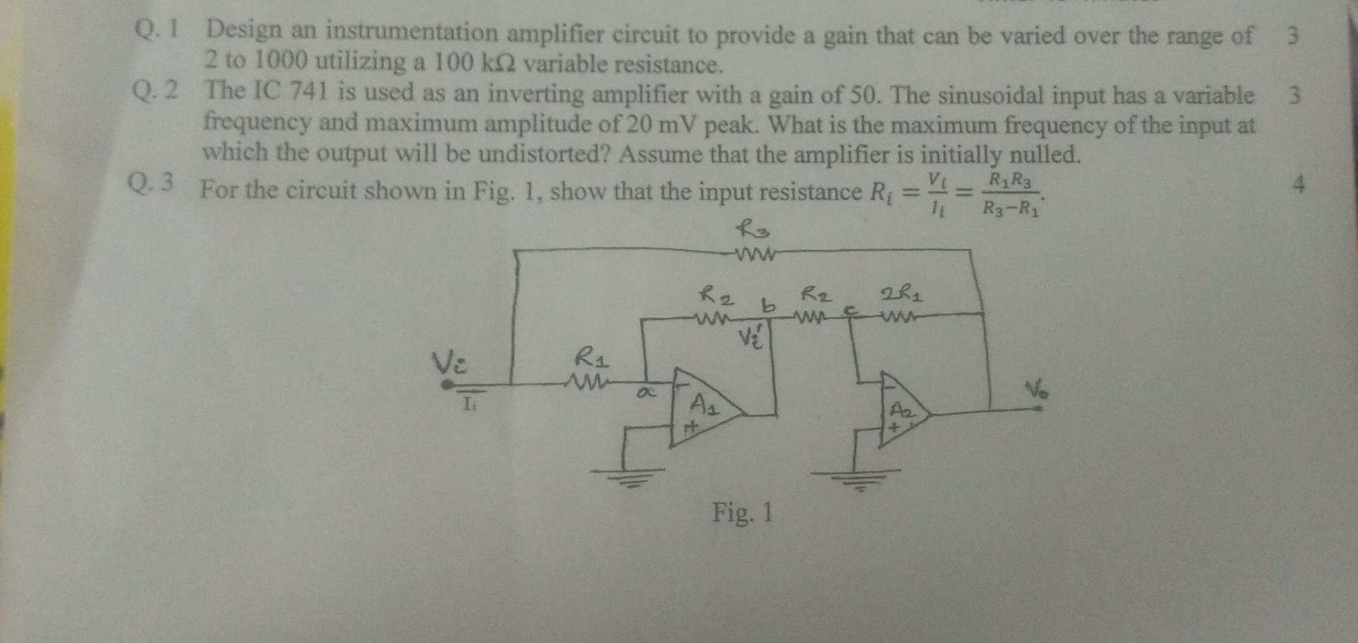 Solved Q.1 Design an instrumentation amplifier circuit to | Chegg.com