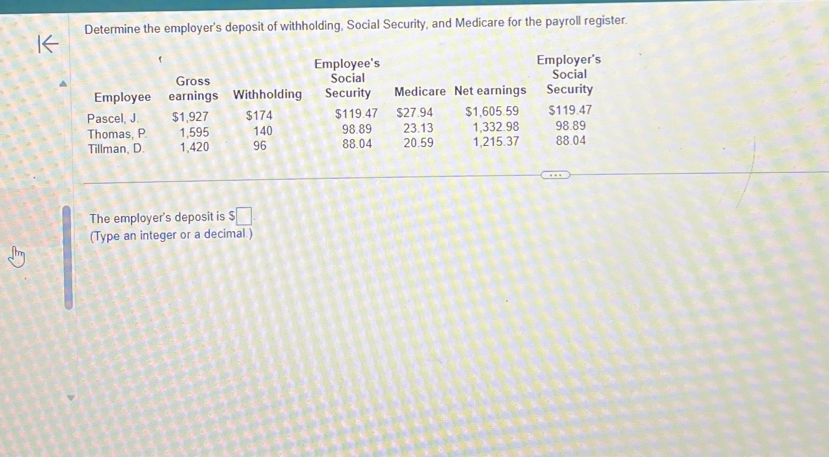 Solved Determine the employer's deposit of withholding, | Chegg.com