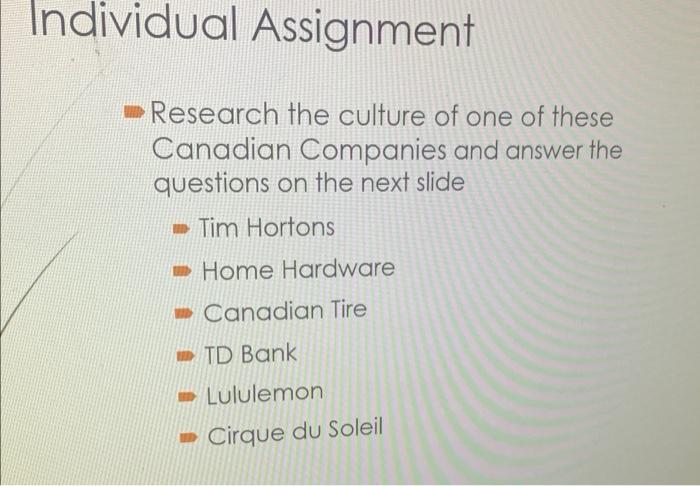 Solved Individual Assignment Research the culture of one of | Chegg.com