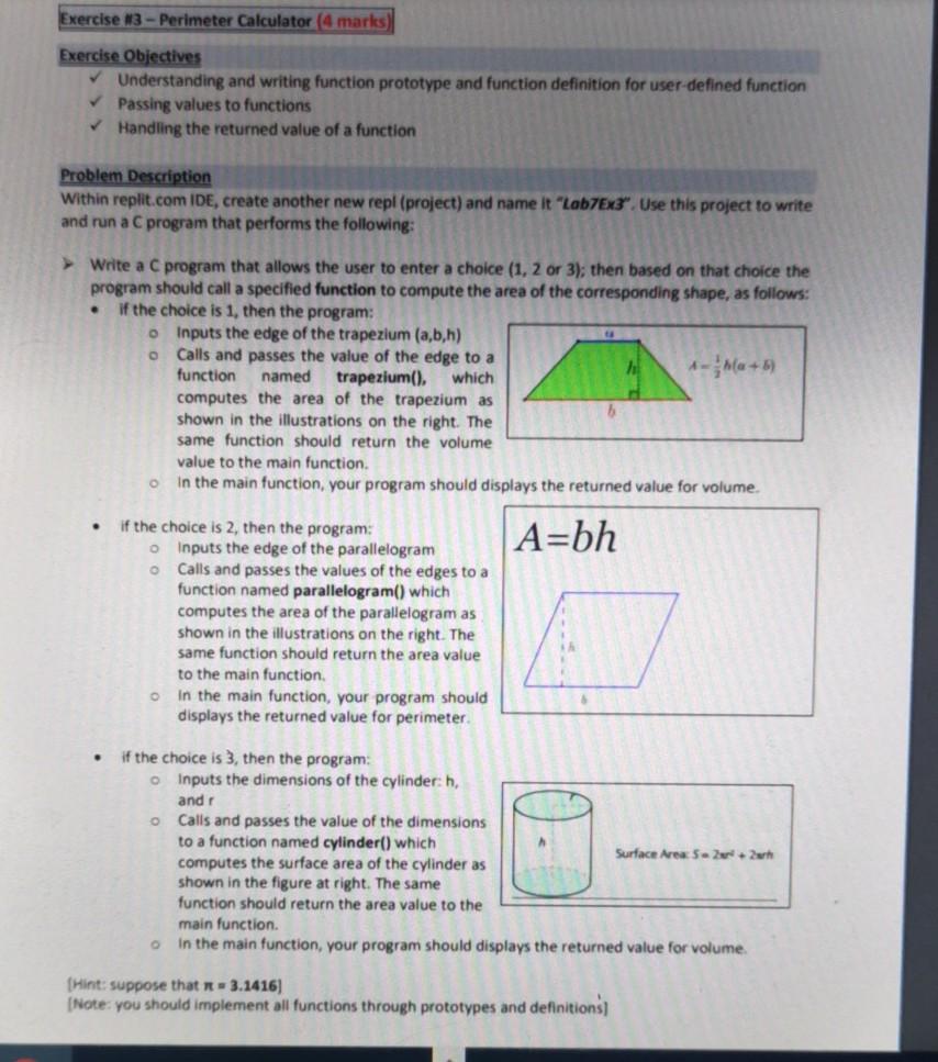 Solved Exercise #3 - Perimeter Calculator (4 marks) Exercise | Chegg.com