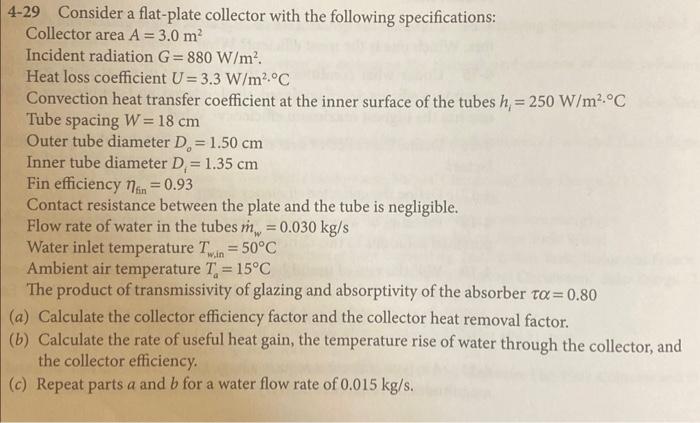 Solved 4-29 Consider a flat-plate collector with the | Chegg.com