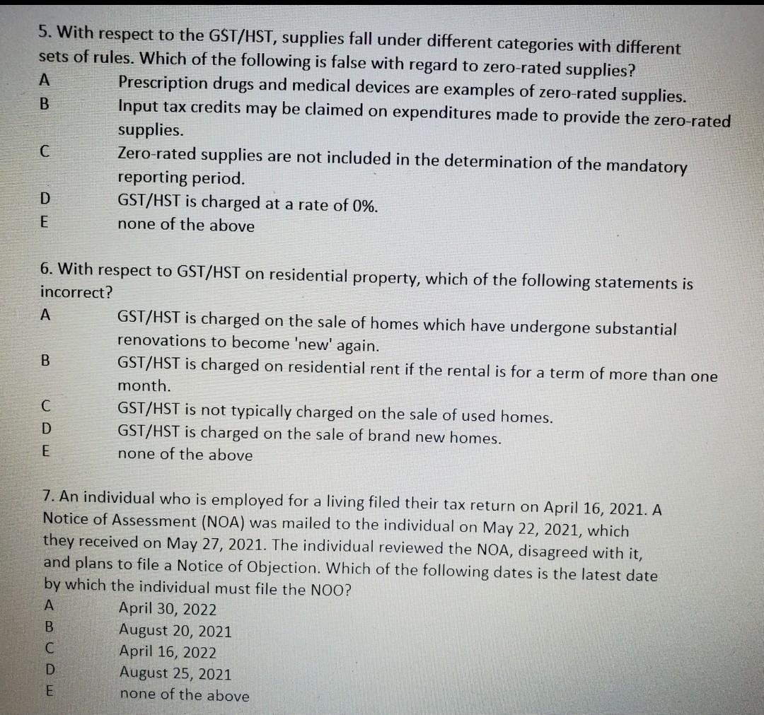 Solved 5. With respect to the GST/HST, supplies fall under | Chegg.com