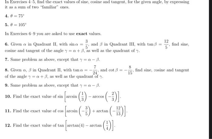 Solved In Exercises 4 5, find the exact values of sine, | Chegg.com