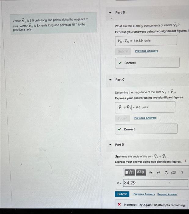 Solved Vector V1 is 6.5 units long and points along the | Chegg.com
