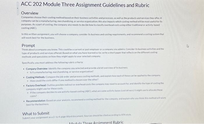 Solved ACC 202 Module Three Assignment Guidelines and Rubric | Chegg.com