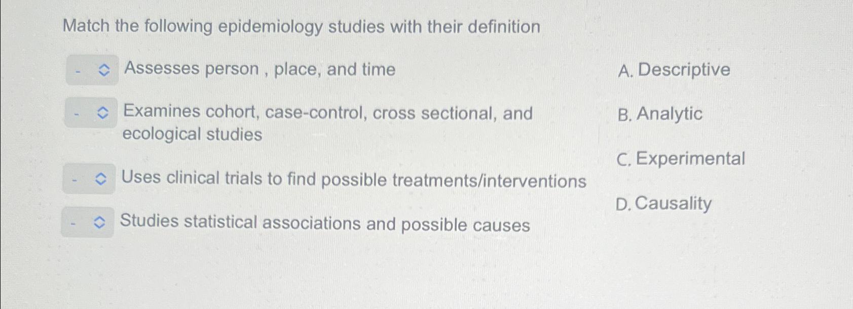 Solved Match the following epidemiology studies with their | Chegg.com