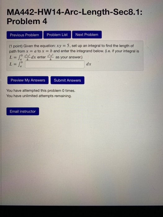 Solved MA442-HW14-Arc-Length-Sec8.1: Problem 4 Previous | Chegg.com