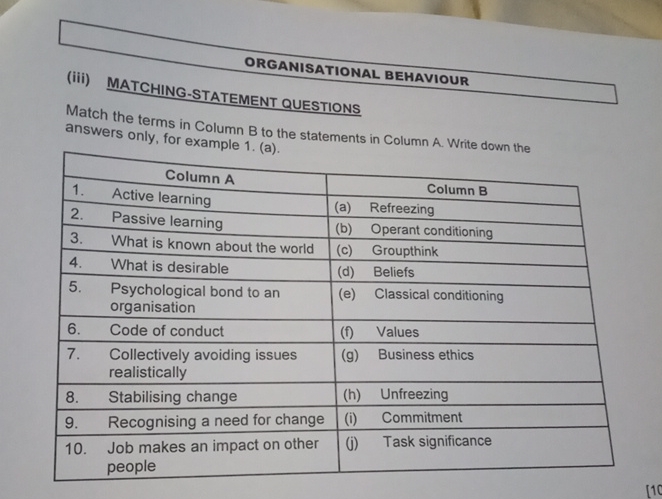 ORGANISATIONAL BEHAVIOUR(iii) ﻿MATCHING-STATEMENT | Chegg.com