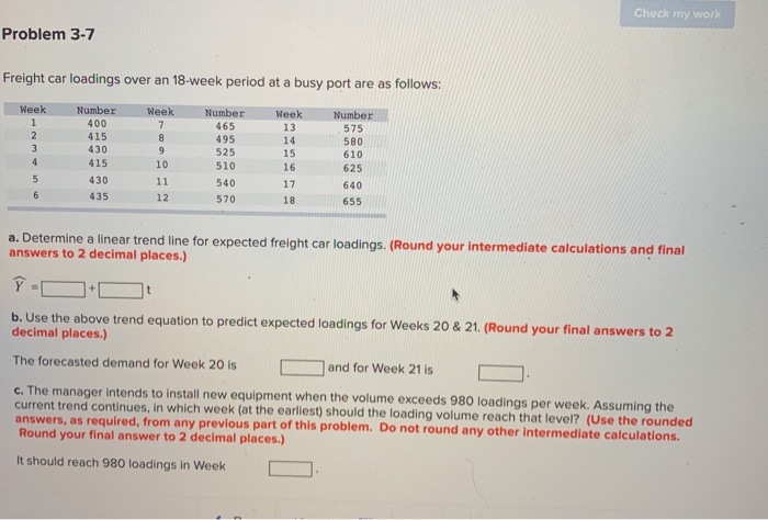 Solved Check my work Problem 3-7 Freight car loadings over | Chegg.com