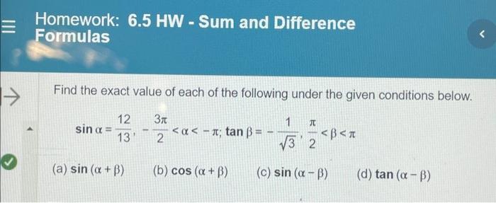 Solved Homework: 6.5 HW - Sum and Difference Formulas Find | Chegg.com