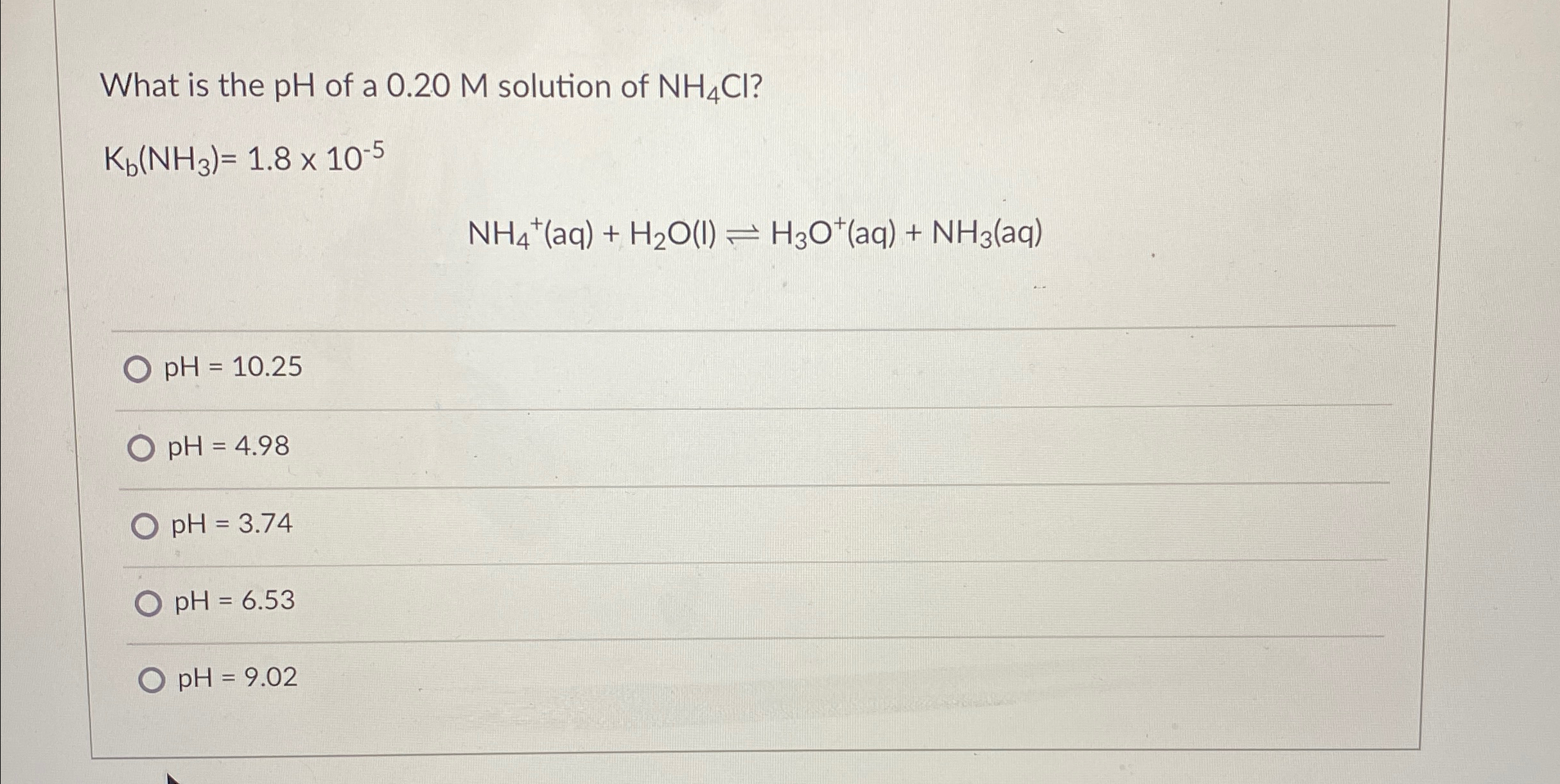 Solved What is the pH ﻿of a 0.20M ﻿solution of | Chegg.com
