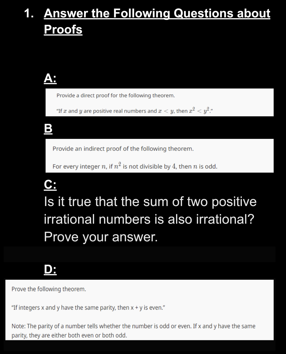 Solved 1. Answer the Following Questions about Proofs A: | Chegg.com