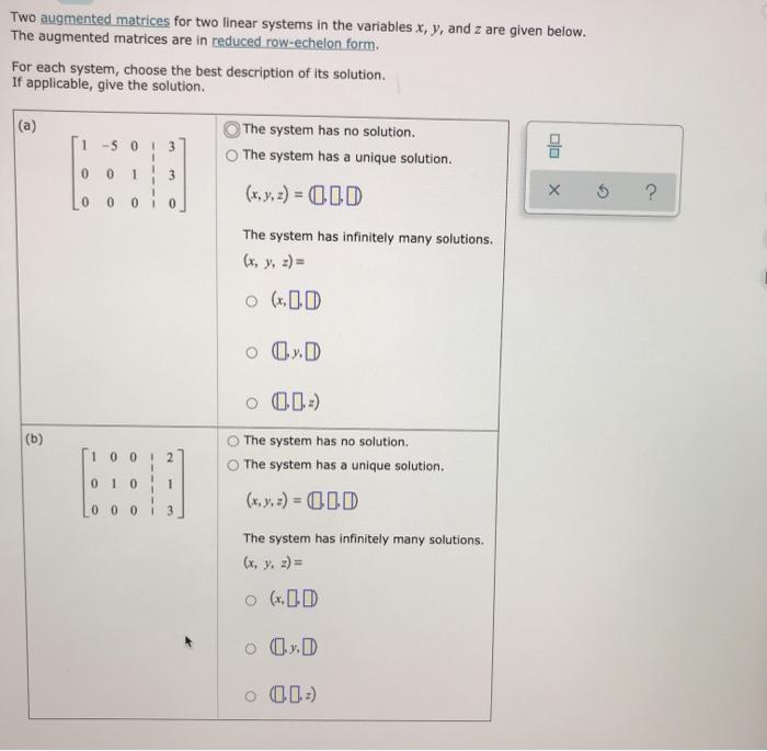 Solved Two augmented matrices for two linear systems in the | Chegg.com