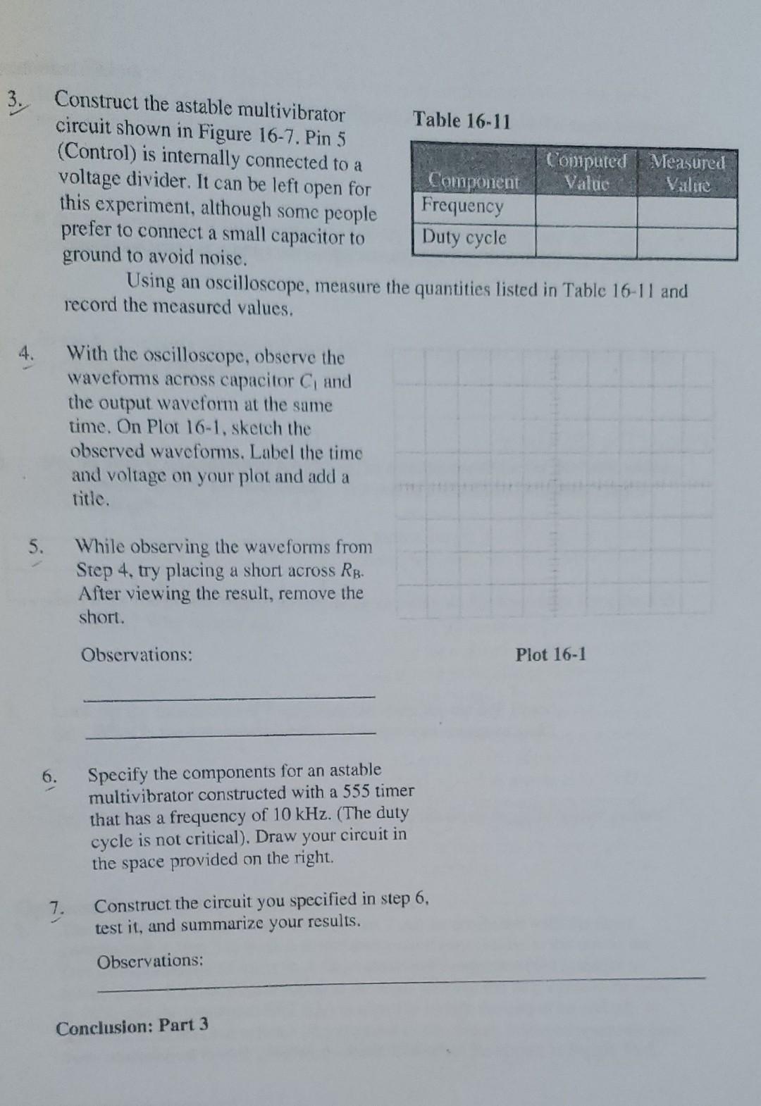 Solved Table 16-10 Part 3: The 555 Timer 1 Measure and | Chegg.com