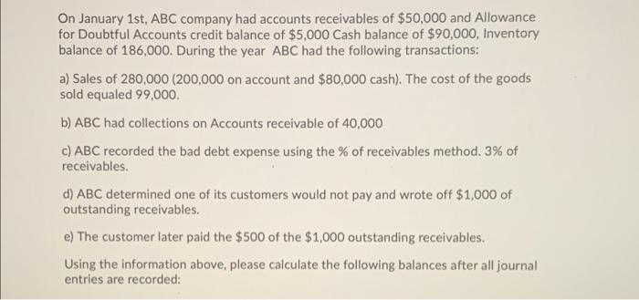 Solved On January 1st, ABC company had accounts receivables | Chegg.com
