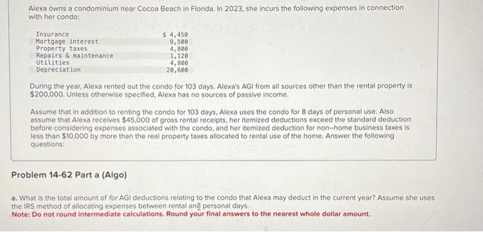 Solved Alexa owns a condominium near Cocoa Beach in Florida. | Chegg.com