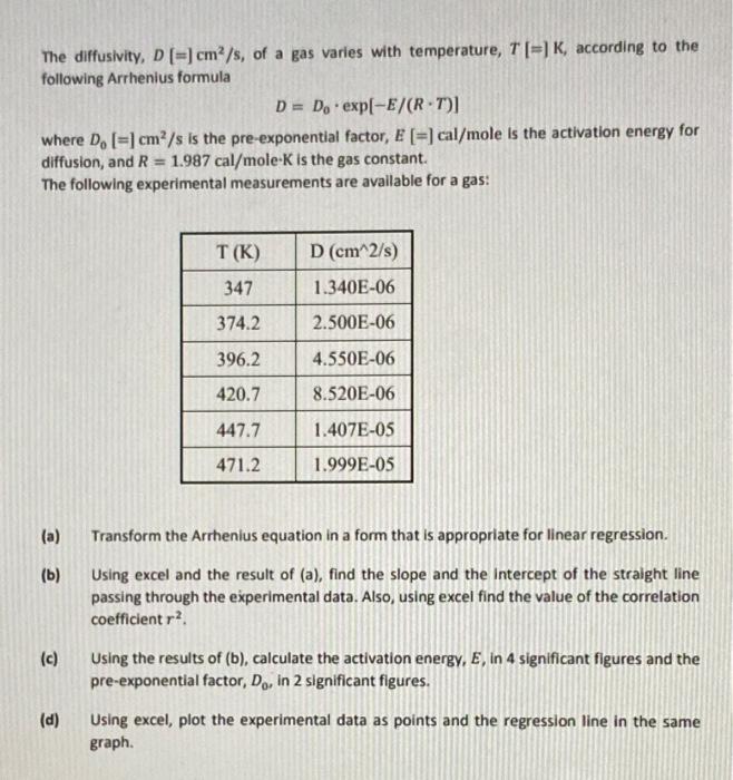 Solved The diffusivity, D [=] cm2/s, of a gas varies with | Chegg.com