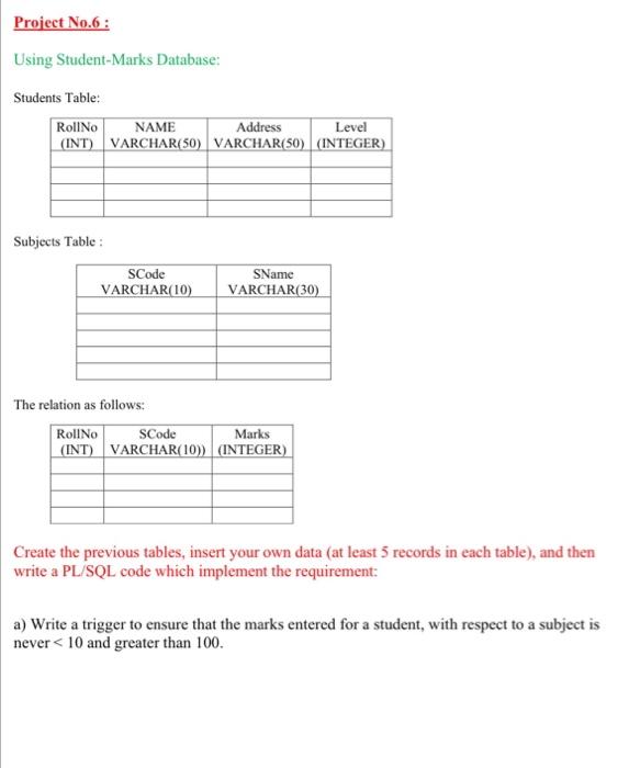 Project No.6: Using Student Marks Database Students | Chegg.com