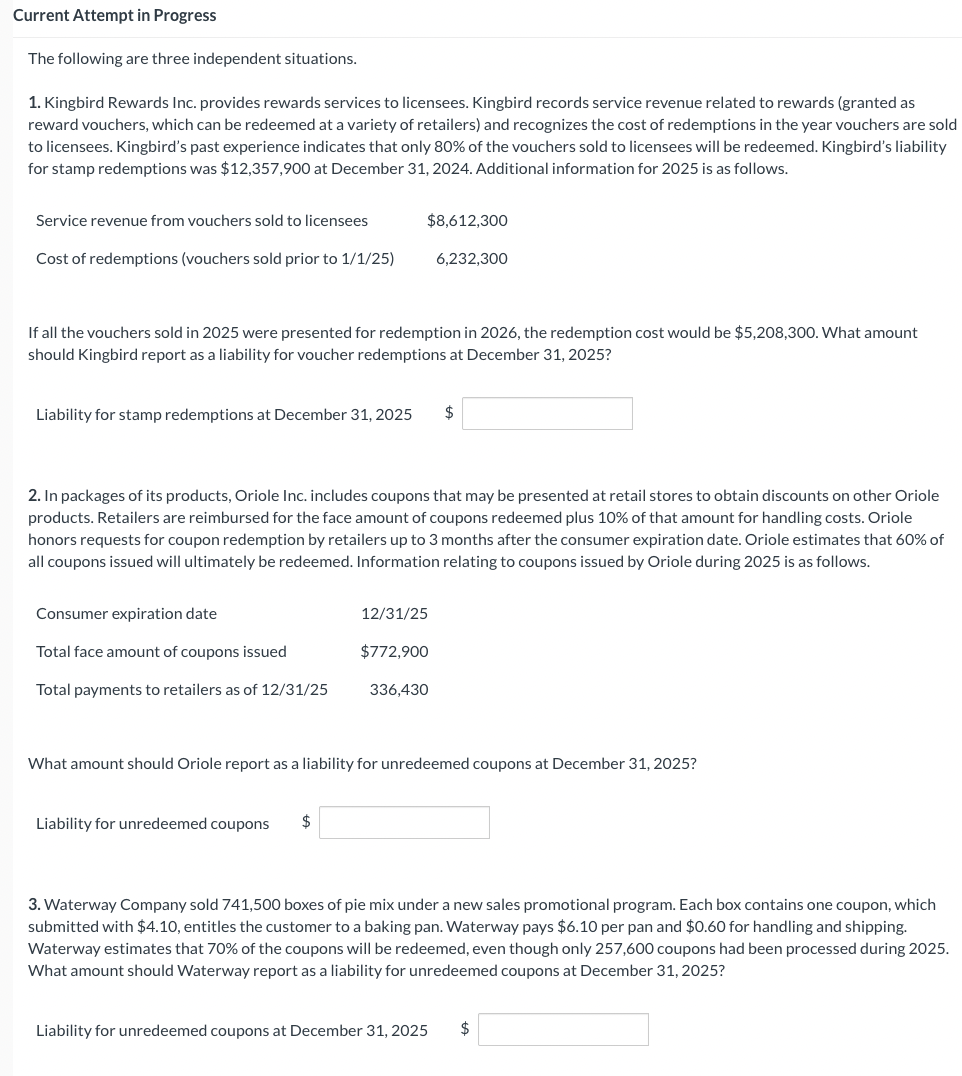 Solved Current Attempt in Progress The following are three | Chegg.com