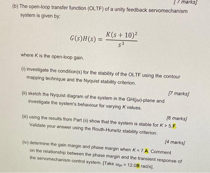 Solved 17 marks) (b) The open-loop transfer function (OLTF) | Chegg.com