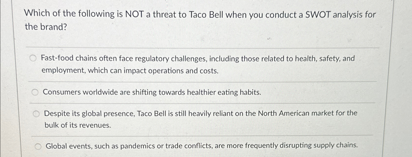 Solved Which of the following is NOT a threat to Taco Bell | Chegg.com