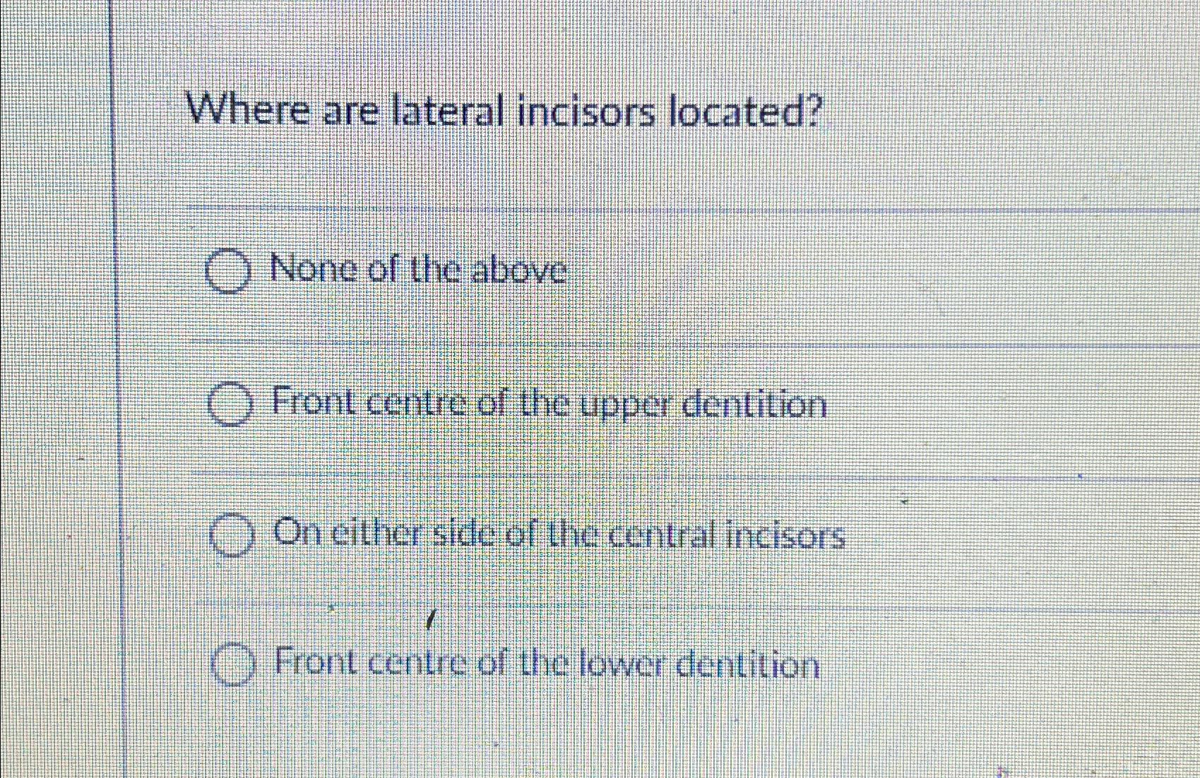 Solved Where are lateral incisors located?None of the | Chegg.com