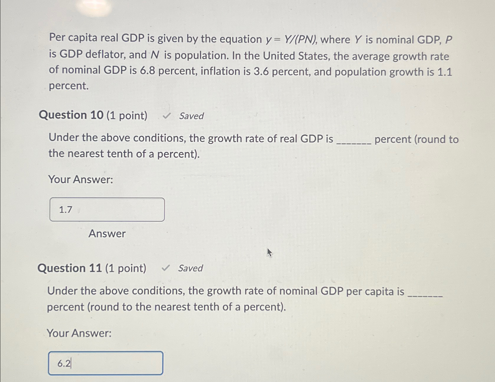 Solved Per capita real GDP is given by the equation y=YPN, | Chegg.com
