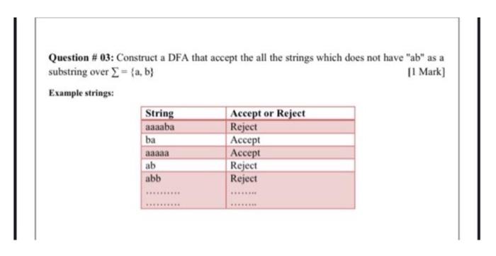 Solved Question \# 03: Construct a DFA that accept the all | Chegg.com