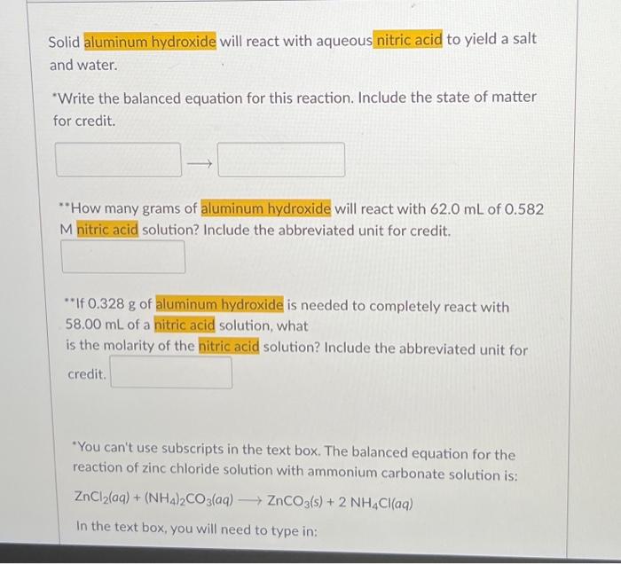 Solved Solid aluminum hydroxide will react with aqueous | Chegg.com