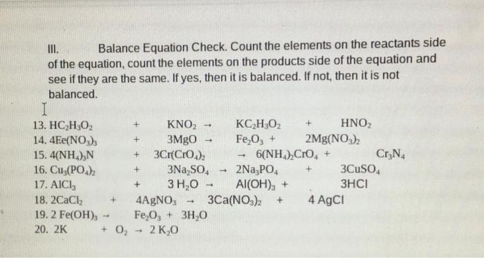 Solved III. Balance Equation Check. Count the elements on | Chegg.com