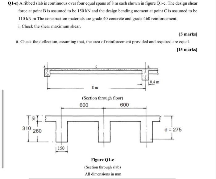 Solved Q1-c) A ribbed slab is continuous over four equal | Chegg.com
