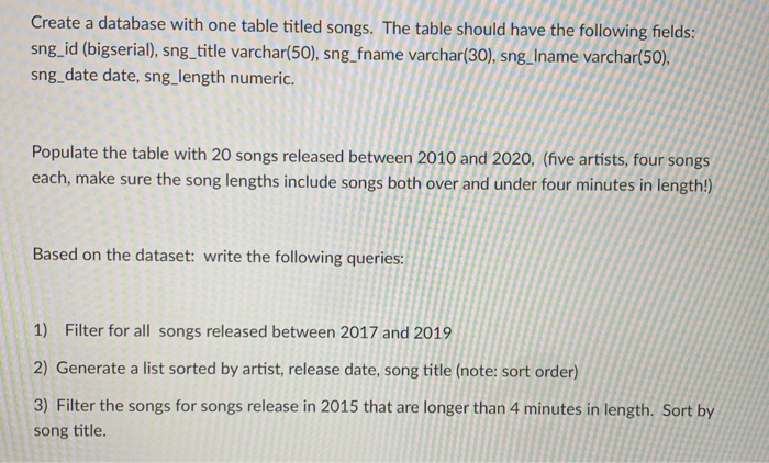 Solved Create a database with one table titled songs. The | Chegg.com