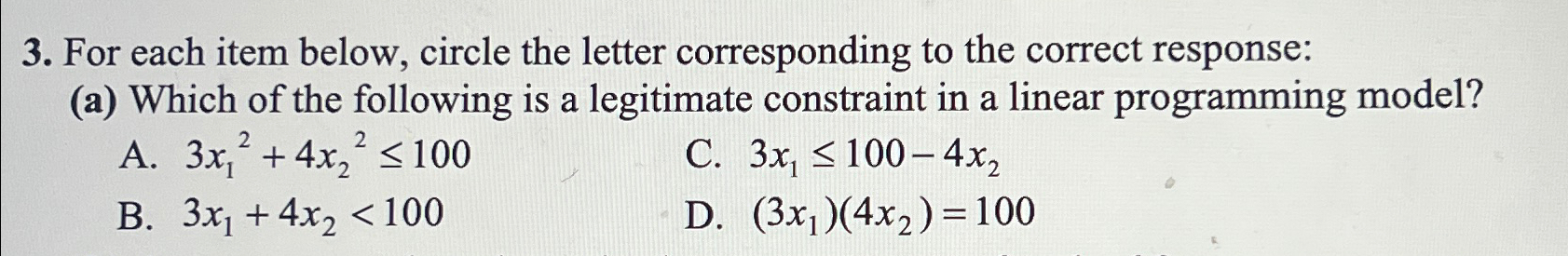 Solved For each item below, circle the letter corresponding | Chegg.com