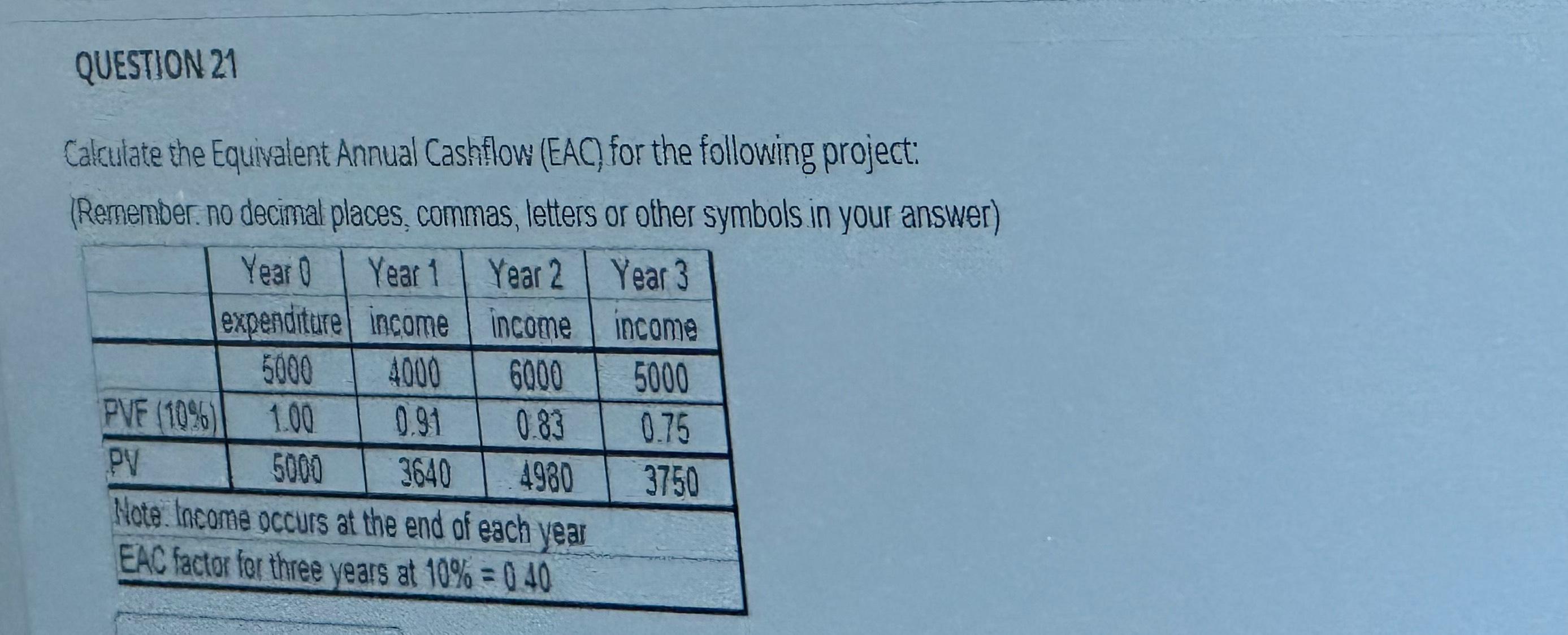 Solved QUESTION 21Calculate the Equivalent Annual Cashiflow | Chegg.com